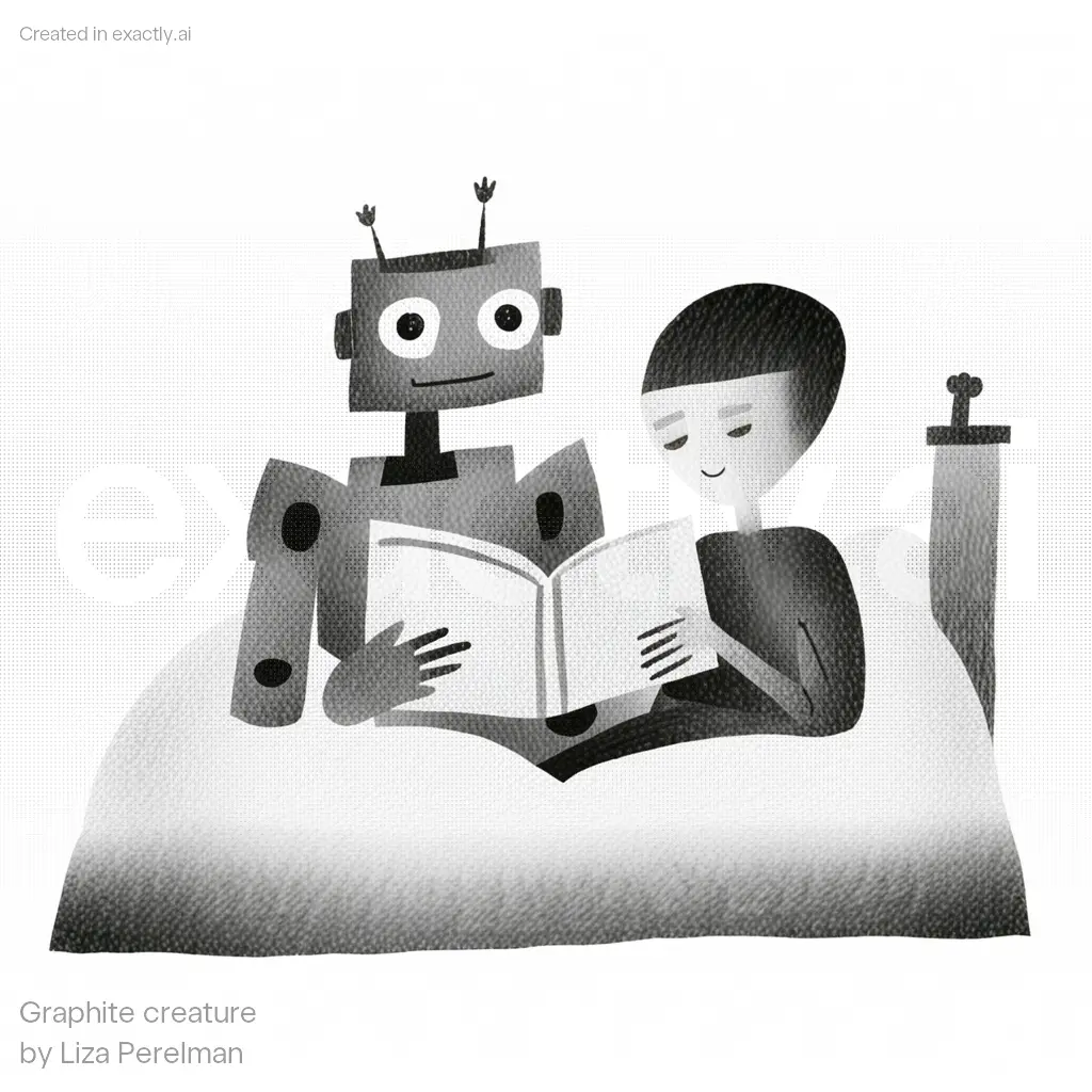 Robot and boy reading