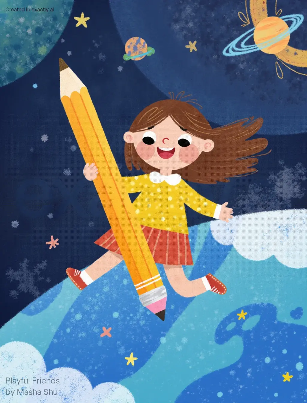Girl with Giant Pencil in Space